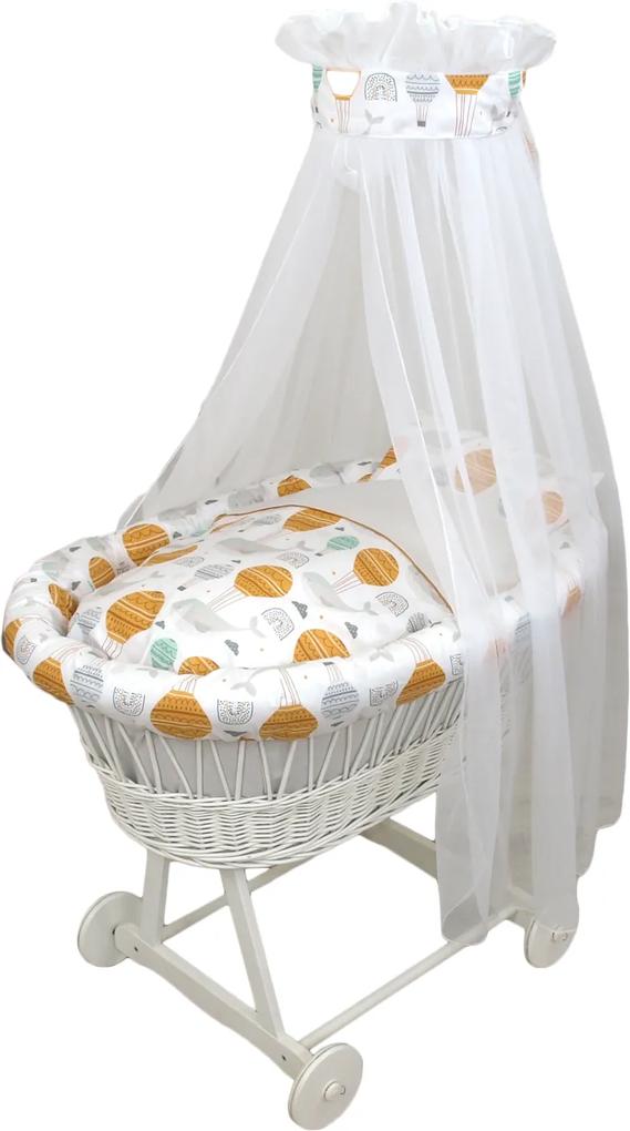 AMY Proutěný košík pro miminko s kompletním vybavením bílý - Žluté balony |  BIANO