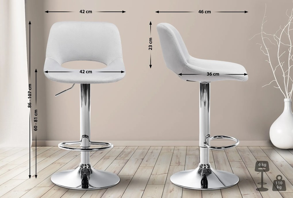 Barová židle Camden samet chromovaná konstrukce – světle šedá