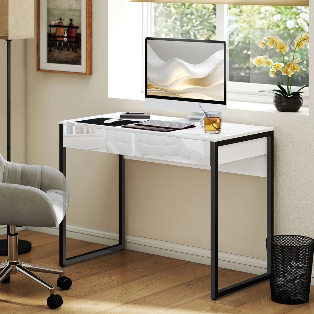 HOMCOM počítačový stůl 100 x 50 cm – ocelový rám, 2 zásuvky, kompaktní do domácí kanceláře, černý