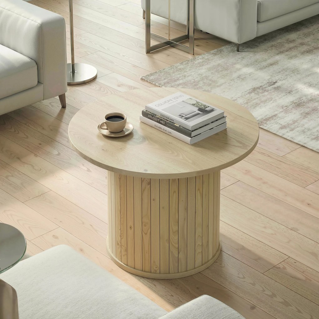 HOMCOM kulatý konferenční stolek s podstavcem ve tvaru sloupu a lamelami pro obývací a ložnicový pokoj Ø60x40 cm, přírodní