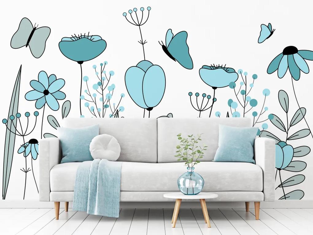 Fototapeta Kreslená louka - grafické lineární modré květy, listy a motýli