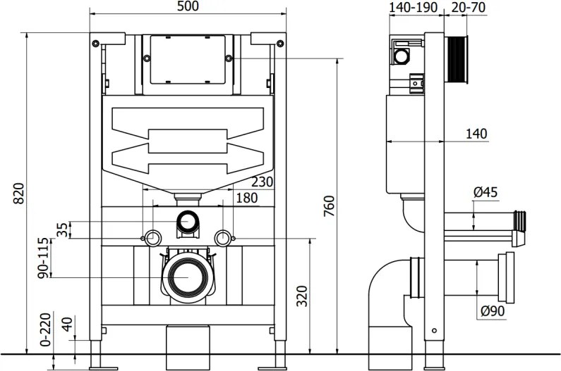 Mexen FENIX XS - Sádrokartonový modul pro závěsné WC, Nízký rám 82 cm s tlačítkem zepředu, 60800