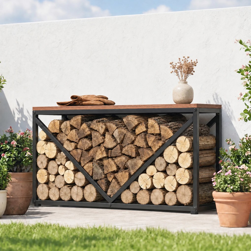 Outsunny 2-v-1 dřevník na krb do interiéru 98 x 28 x 50 cm, zvýšený dřevník s policí, přepážkou a pomocným stolkem