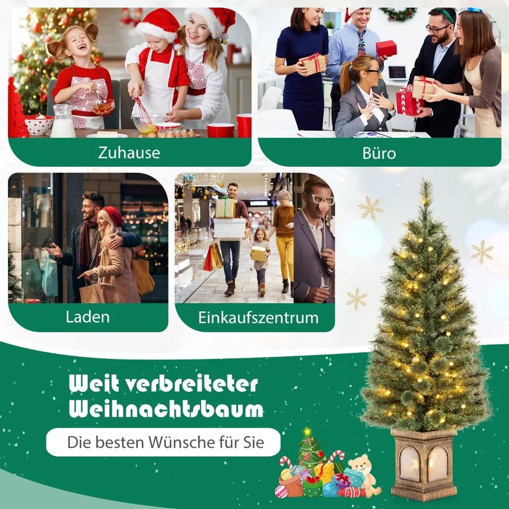 Costway 120 cm Umělý vánoční stromek v květináči se světly a světly, časovačem