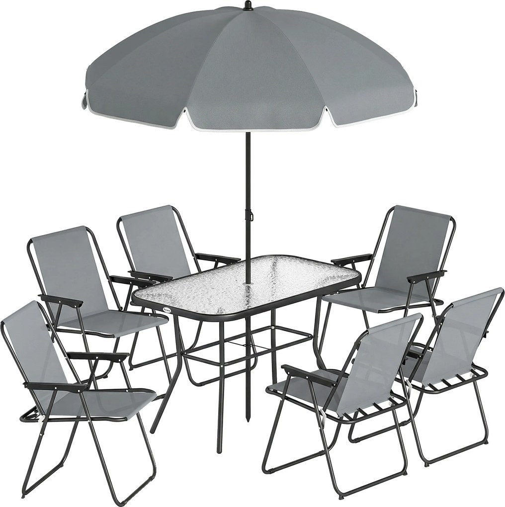 Sada zahradního nábytku sedací souprava 119 x 68 cm skleněný stůl se 6 skládacími židlemi slunečník vzor vodní vlna šedá