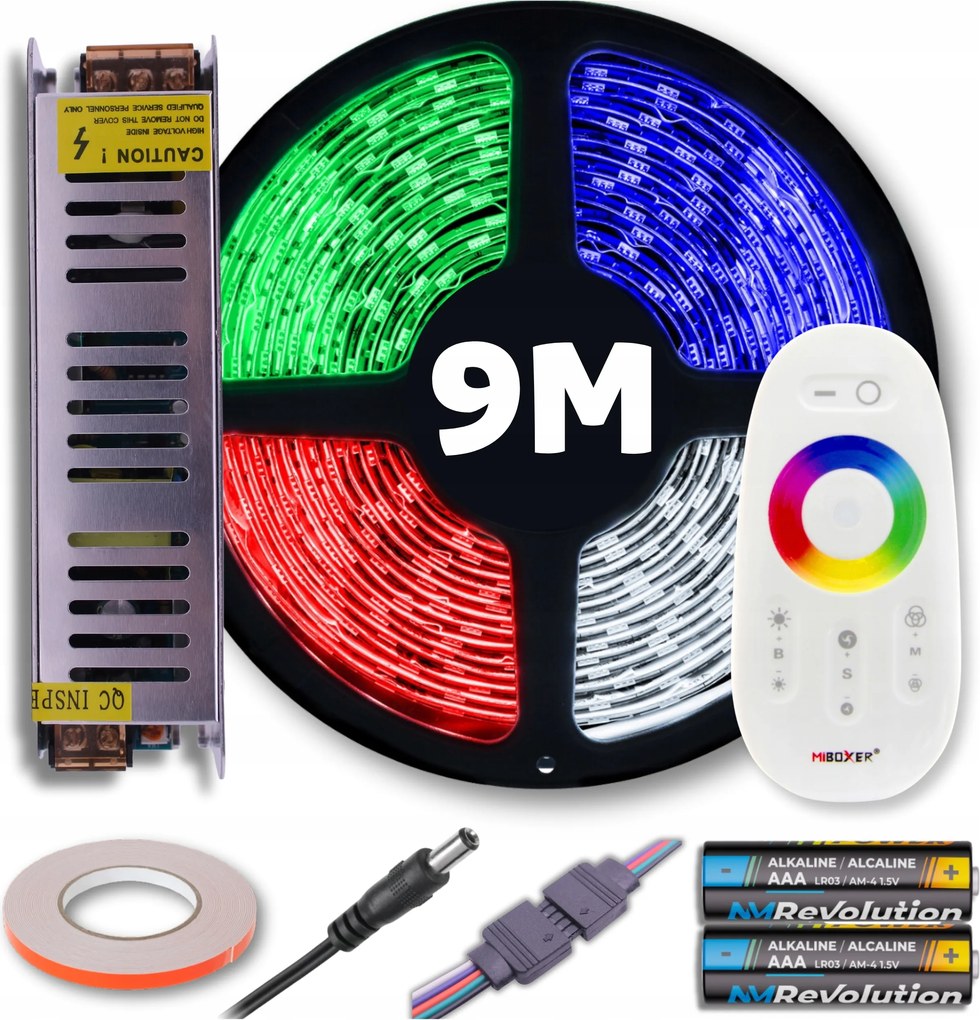 Set Led pásek Rgb barevný bílý studený s dálkovým ovládáním a napájecím zdrojem 9M 12V