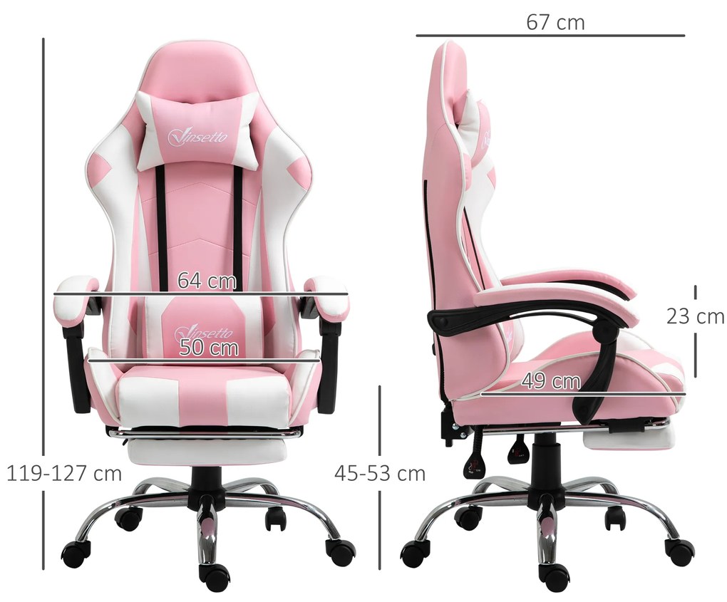 Herní židle Vinsetto židle k počítači ergonomická kancelářská židle s bederní opěrkou hlavy výškově nastavitelná 360° otočná růžová+bílá