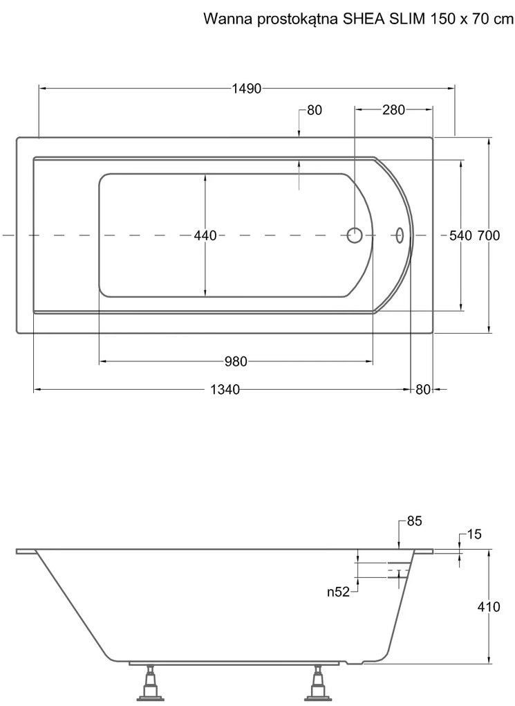 BESCO Obdélníková vana SHEA SLIM Nožičky k vaně - S nožičkami, Rozměr vany - 150 × 70 cm - VANSHEA150SLIM+OLVPINOZ