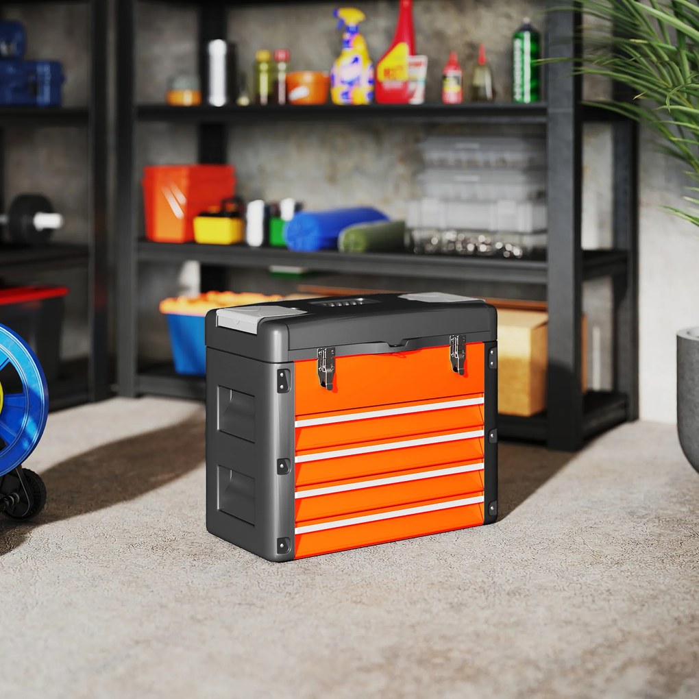 HOMCOM Prázdná pracovní zásuvka, 49,7 x 25,3 x 40,7 cm, box s 4 zásuvkami, mini box, horní skladovací prostor, rukojeť, ocelový box, oranžový