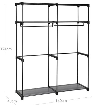 Úložná látková skříň s policemi a šatní tyčí MATIS 140x174 cm šedá