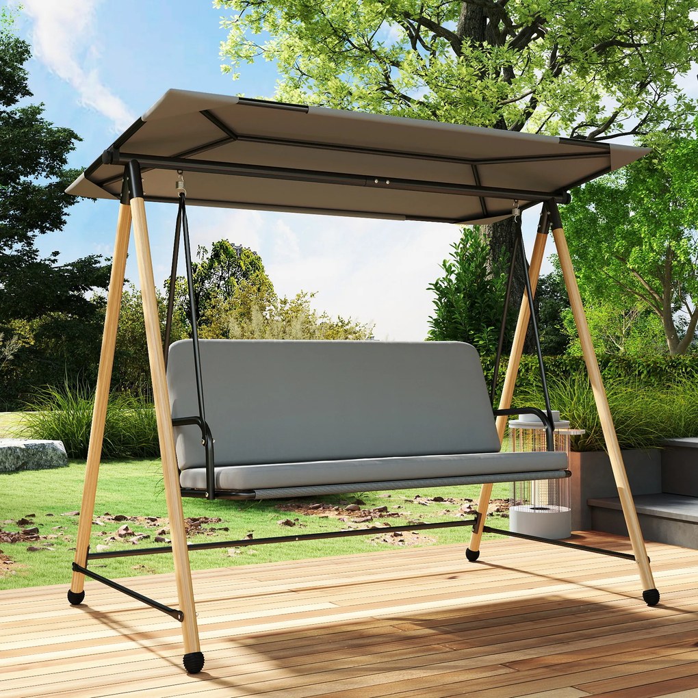 Outsunny zahradní houpačka pro 3 osoby, venkovní houpačka s nastavitelnou střechou a odnímatelným silným polštářem, 208x125x180 cm, šedá