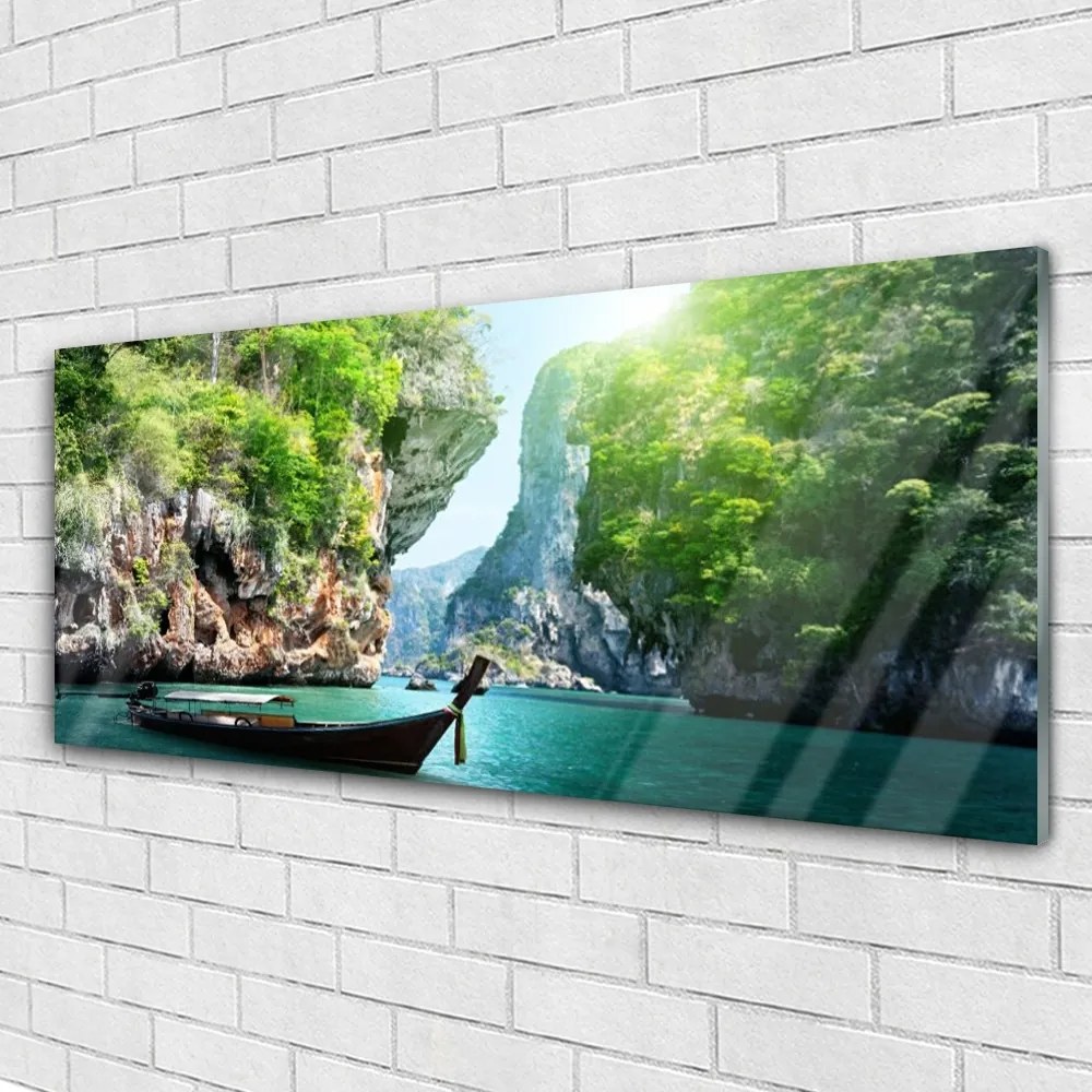 akrylový obraz Hora Voda Loďka Příroda 125x50 cm
