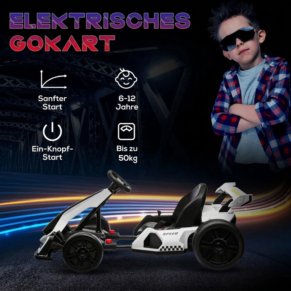 HOMCOM Elektrický Go-Kart pro Děti 6-12 Let 24V 12km/h s Nastavitelným Sedadlem, Drift Go-Kart s Klaksonem, Světly a Hudbou, Bílý