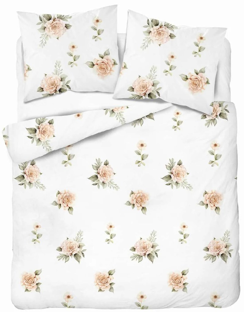 Detexpol Bavlněné povlečení 220x200 Bílá s béžovými růžemi - elegantní vintage vzor, 100% bavlna - 5342 A - Soft Meadow
