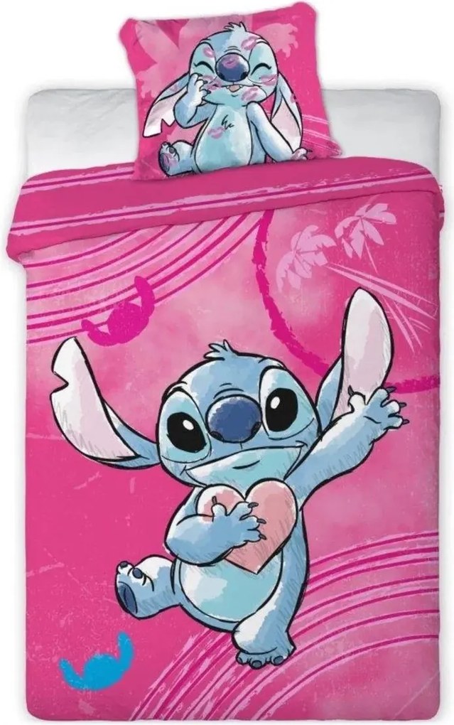 Povlečení do dětské postýlky Stitch v růžové barvě pro holky - 100% bavlna - 40x60 cm + 100x130 cm