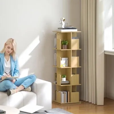 HOMCOM otočný knihovník se 4 úrovněmi, úložný regál se 16 přihrádkami, 39 x 128,3 cm, dub