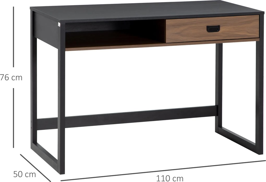 HOMCOM Pracovní stůl v industriálním designu s velkým stolem a zásuvkou na polici v dřevotřískové desce 110 x 50 x 76 cm v ořechové a černé barvě