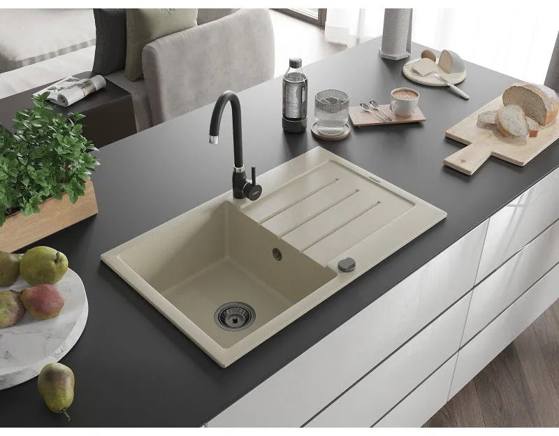 Mexen Bruno, granitový dřez 795x495x200 mm, 1-komorový, béžová s černým sifonem, 6513791010-69-B
