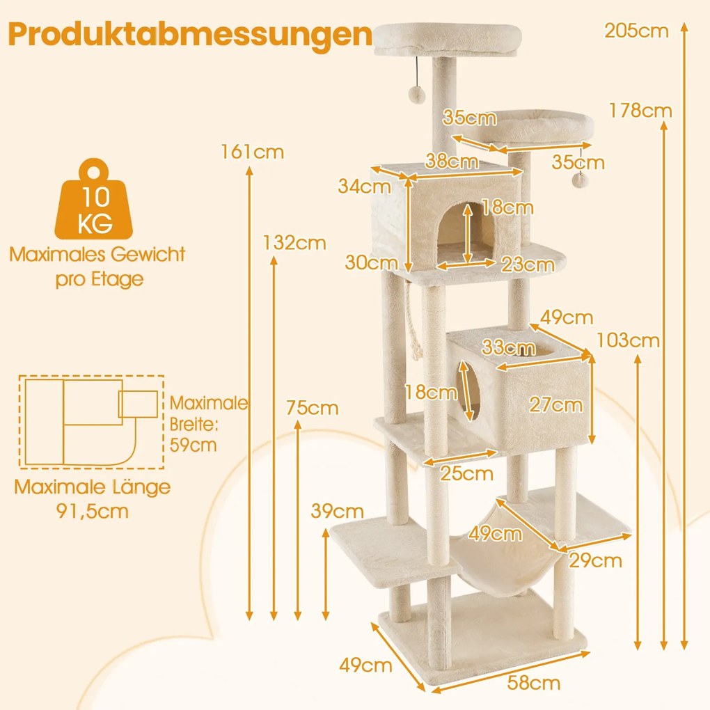 Costway 205 cm velký vícepatrový kočičí strom s 2 jeskyněmi 2 lehacími plochami
