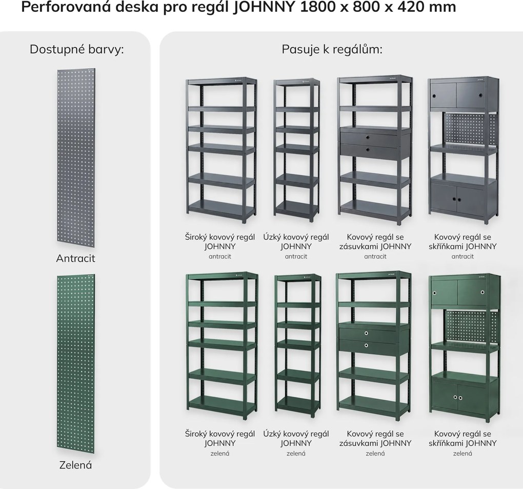 Perforovaná tabule k regálu zelená: JOHNNY, 2 kusy, 1800 x 20 x 420 mm