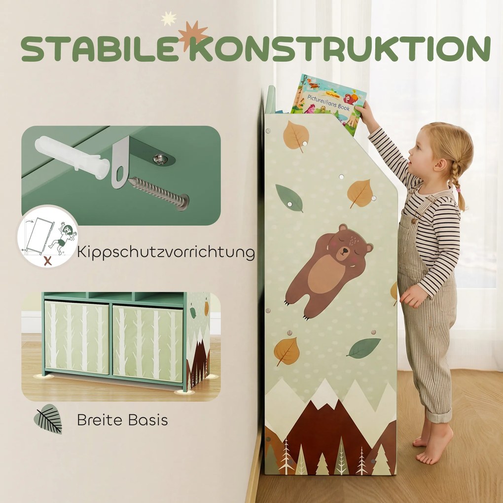 Dětský regál Dětský regál se 2 látkovými zásuvkami otevřený Regál pro 3-8 let 62,5x30x91,5 cm Zelený