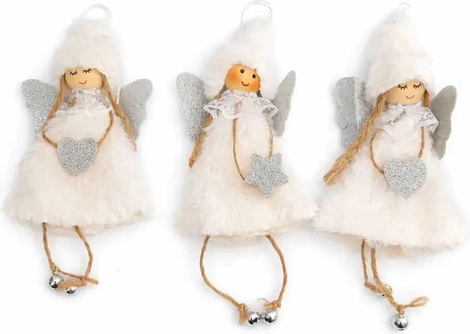 Sada vánočních ozdob andílků 11,5 cm, bílá, dřevo, příze