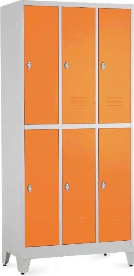 Kovová šatní skříňka - 6 boxů, 90 x 45 x 196,5 cm, nastavitelné nožky, otočný zámek, oranžová - ral 2004