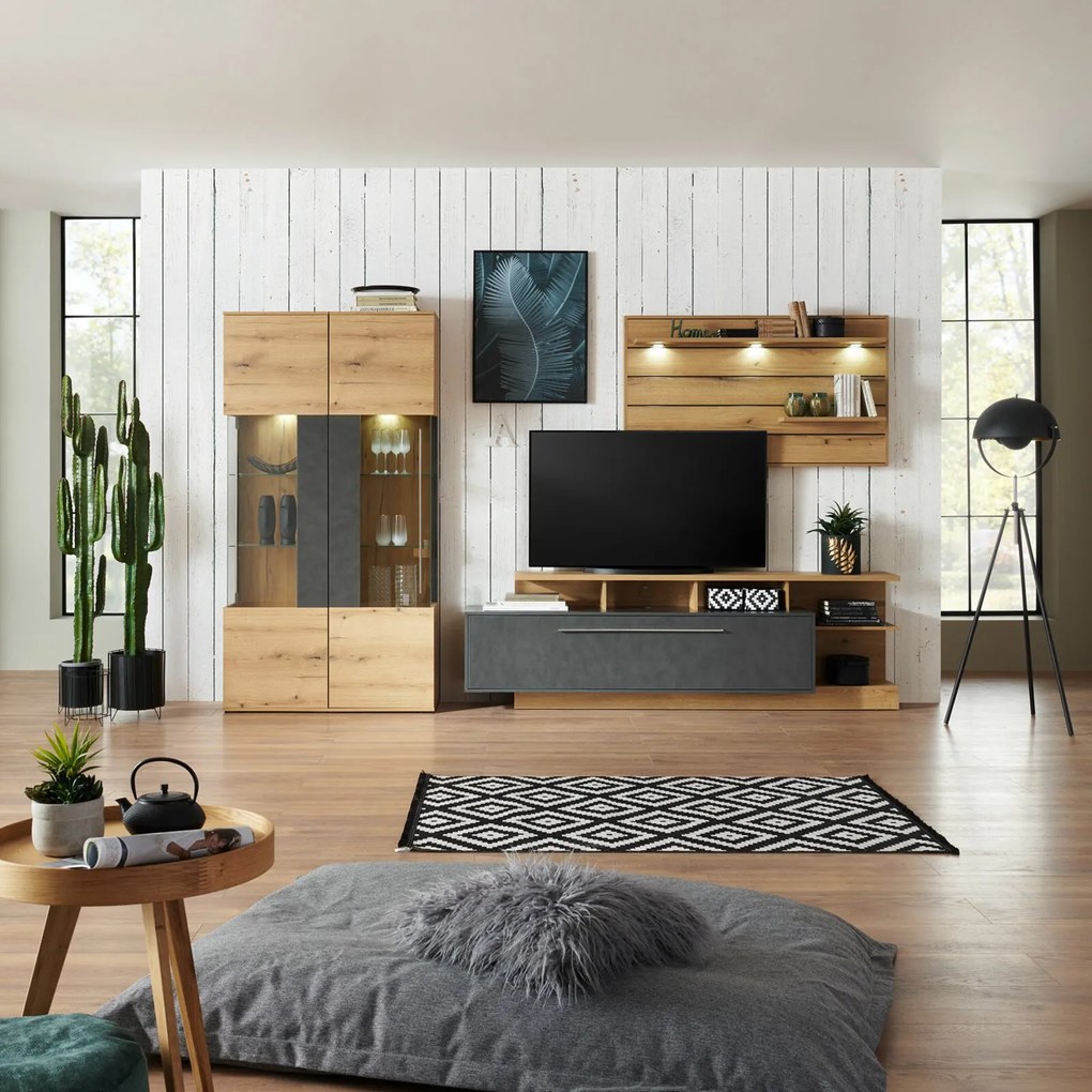 Moderní obývací stěna IDAN, černá, dub