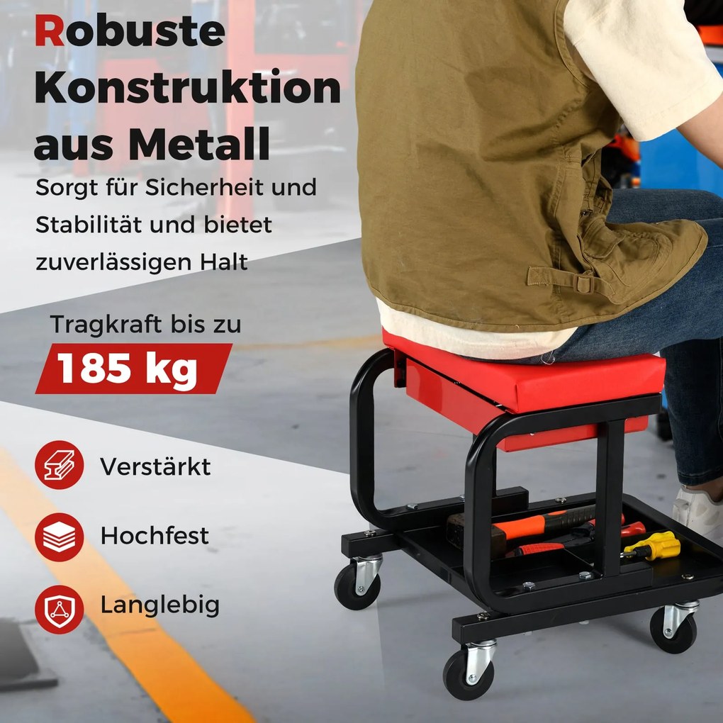 Costway Pojízdná dílenská stolička s nosností 185 kg polstrovaná mechanická