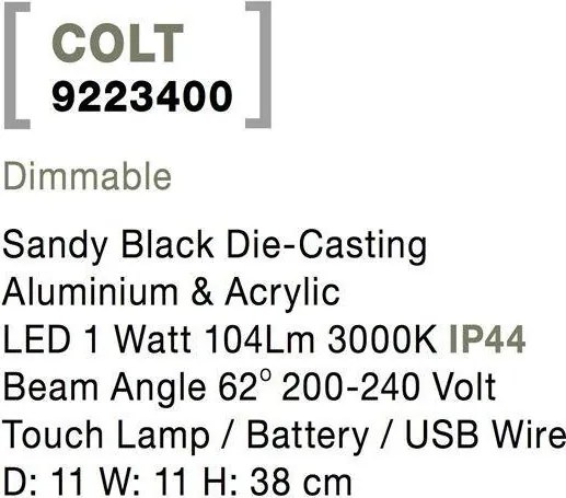 NV 9223400 Venkovní stolní lampa COLT černý litý hliník a akryl LED 2W 3000K IP54 62st. 5V DC vypínač na těle USB kabel stmívatelné - NOVA LUCE