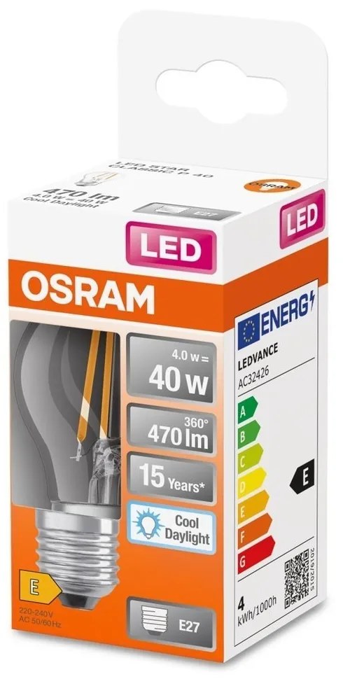 Mini LED průhledná žárovka E27 4 W CLASSIC P, studená denní bílá