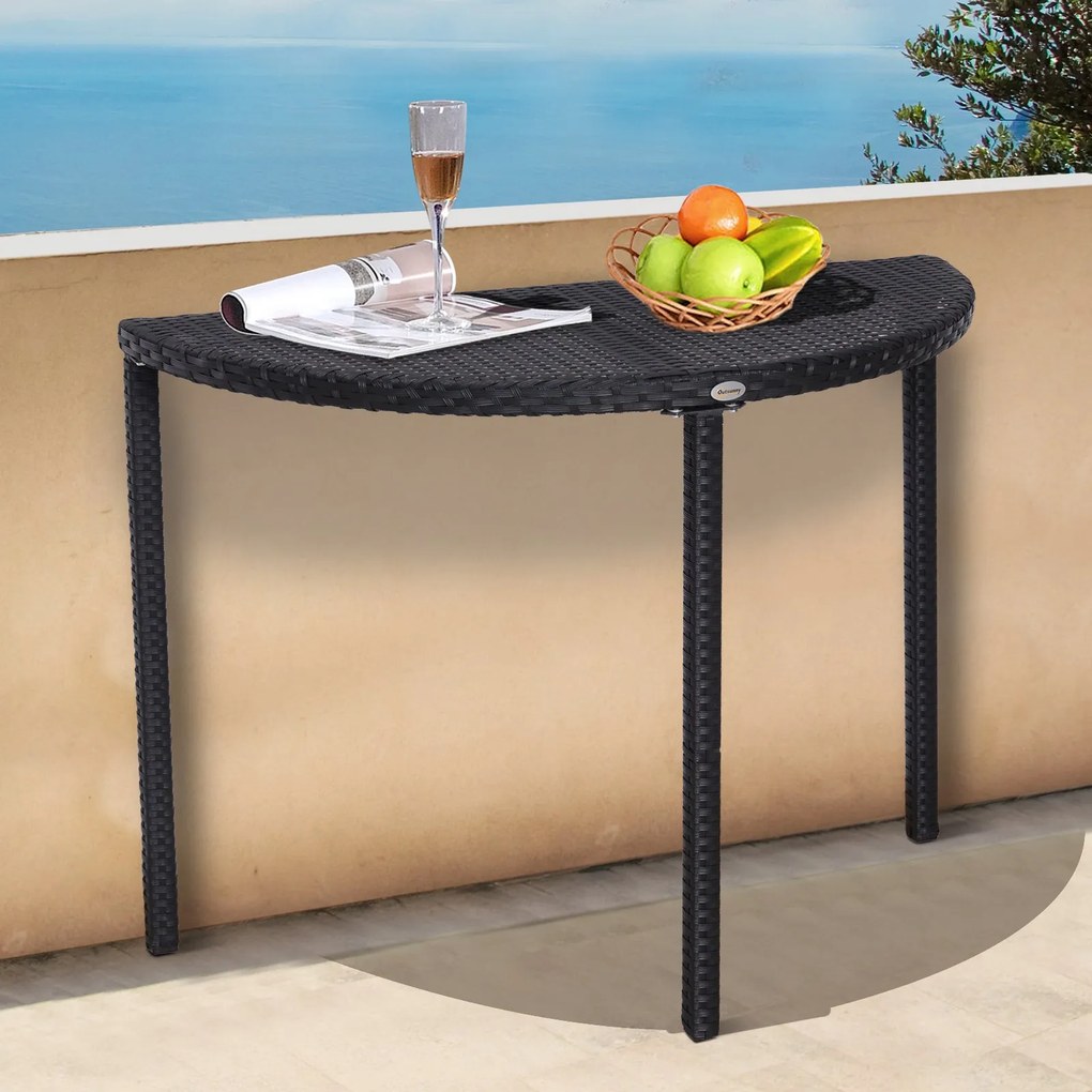 Outsunny Balkonový stůl - Zahradní boční stůl, venkovní nábytek, půlkruhový, polyrattan, kov, černá, 100 x 50 x 74 cm