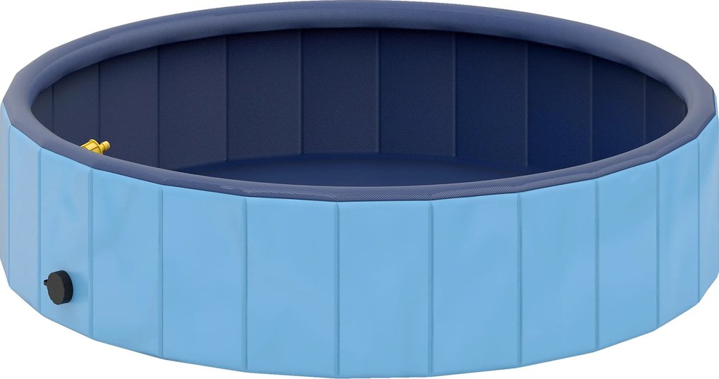 Skládací psí bazén PawHut se sprchou – přenosná vana pro velké psy, PVC, protiskluzová a odolná pro vnitřní i venkovní použití Ø120x30 cm Světle modrá