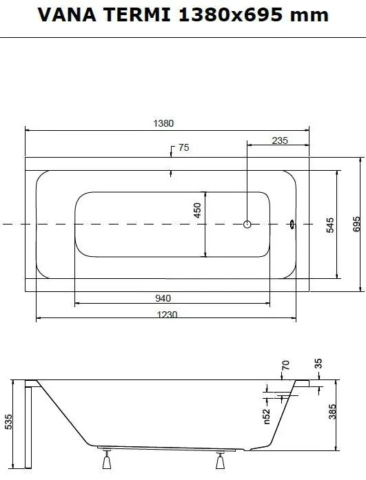 BESCO Obdélníková vana TERMI Nožičky k vaně - Bez nožiček, Rozměr vany - 130 × 70 cm - OLVTER13