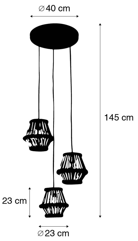 Orientální závěsné svítidlo bambus s černým kulatým 3-světlo - Evalin