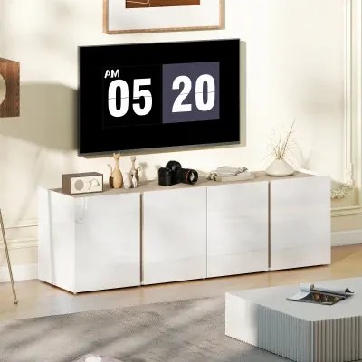 HOMCOM TV nábytek, TV stolek se 4 měkce zavírajícími se dvířky, nastavitelnou policí a otvorem pro kabely, 135 x 38 x 45 cm, bílá