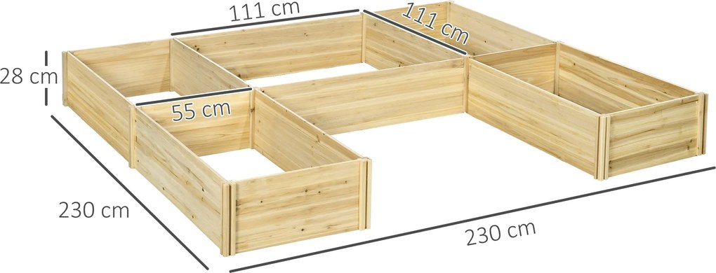 Outsunny Sada 5 modulárních dřevěných vyvýšených záhonů pro venkovní použití, předem olejovaný smrk, rozměry 230D x 230Š x 28V cm přírodní dřevo