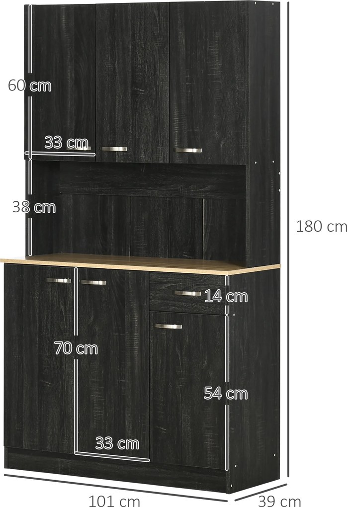HOMCOM Moderní kuchyňská komoda s bufetem, 6 dveří, 1 zásuvka + Velký pracovní stůl 101L x 39W x 180H cm, černé dřevo