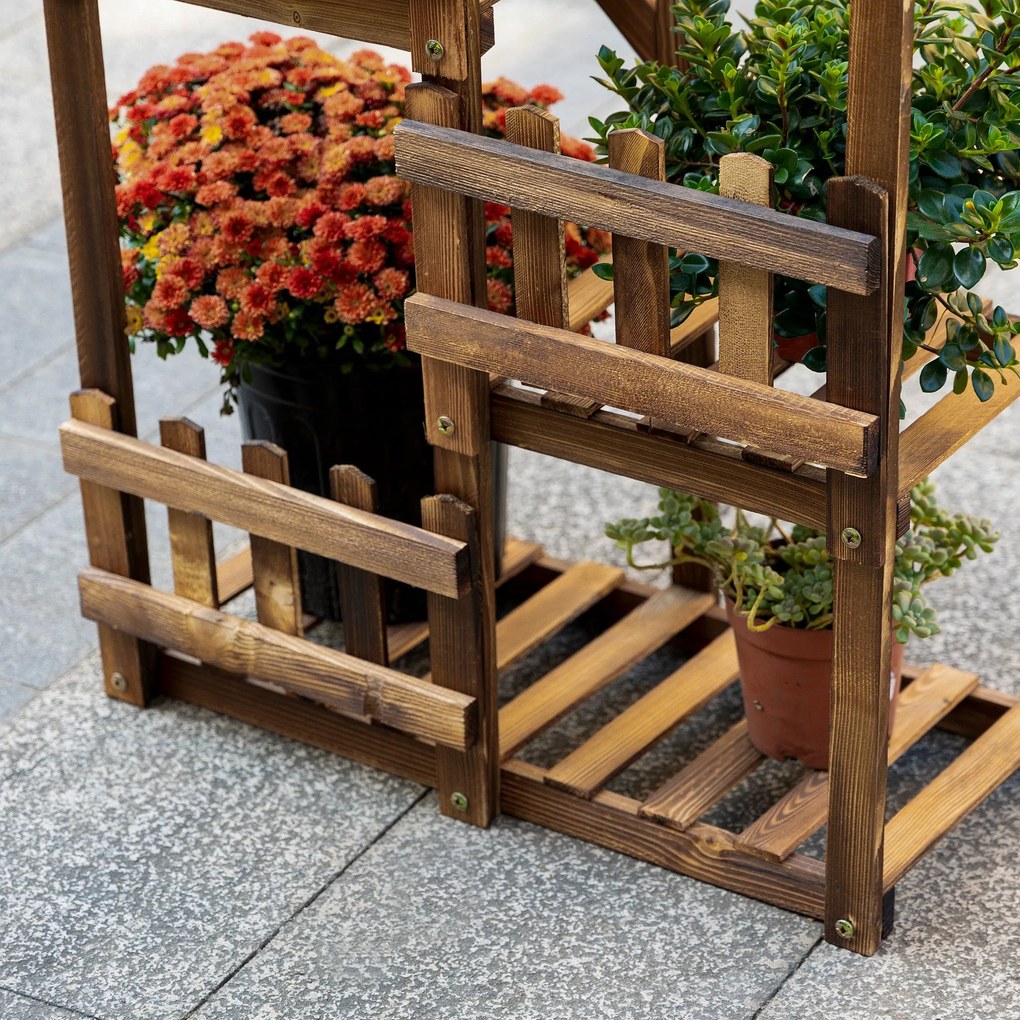 Dřevěný květinový regál Outsunny s 5 policemi - stojan na květináče, ornament s malými zábranami 60 x 30 x 130 cm z karbonizovaného borového dřeva pr…