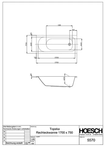 Hoesch Topeka obdelníková vana 170 x 75 cm Hoesch 5570