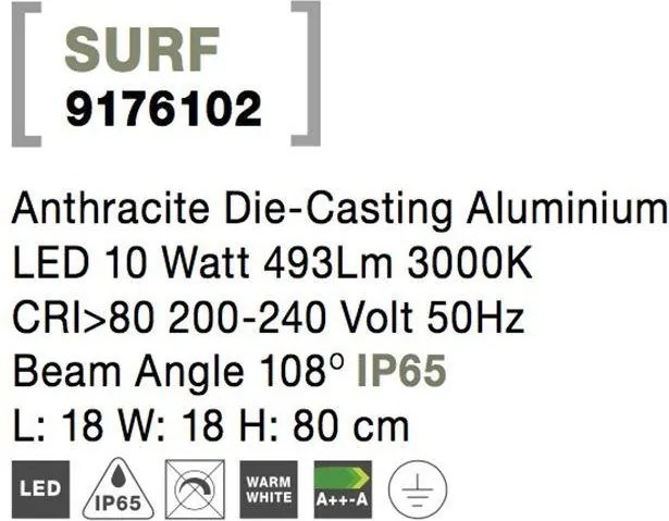 NV 9176102 Venkovní sloupkové svítidlo SURF LED antracit 3000K 200-240V 108st. IP65 - NOVA LUCE