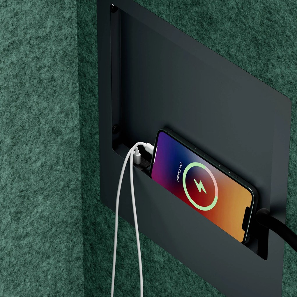 Kancelářská akustická kabina se sedátkem a USB-C portem, korpus antracitový / sedák zelený, 1150 mm: SALLY MentalBox