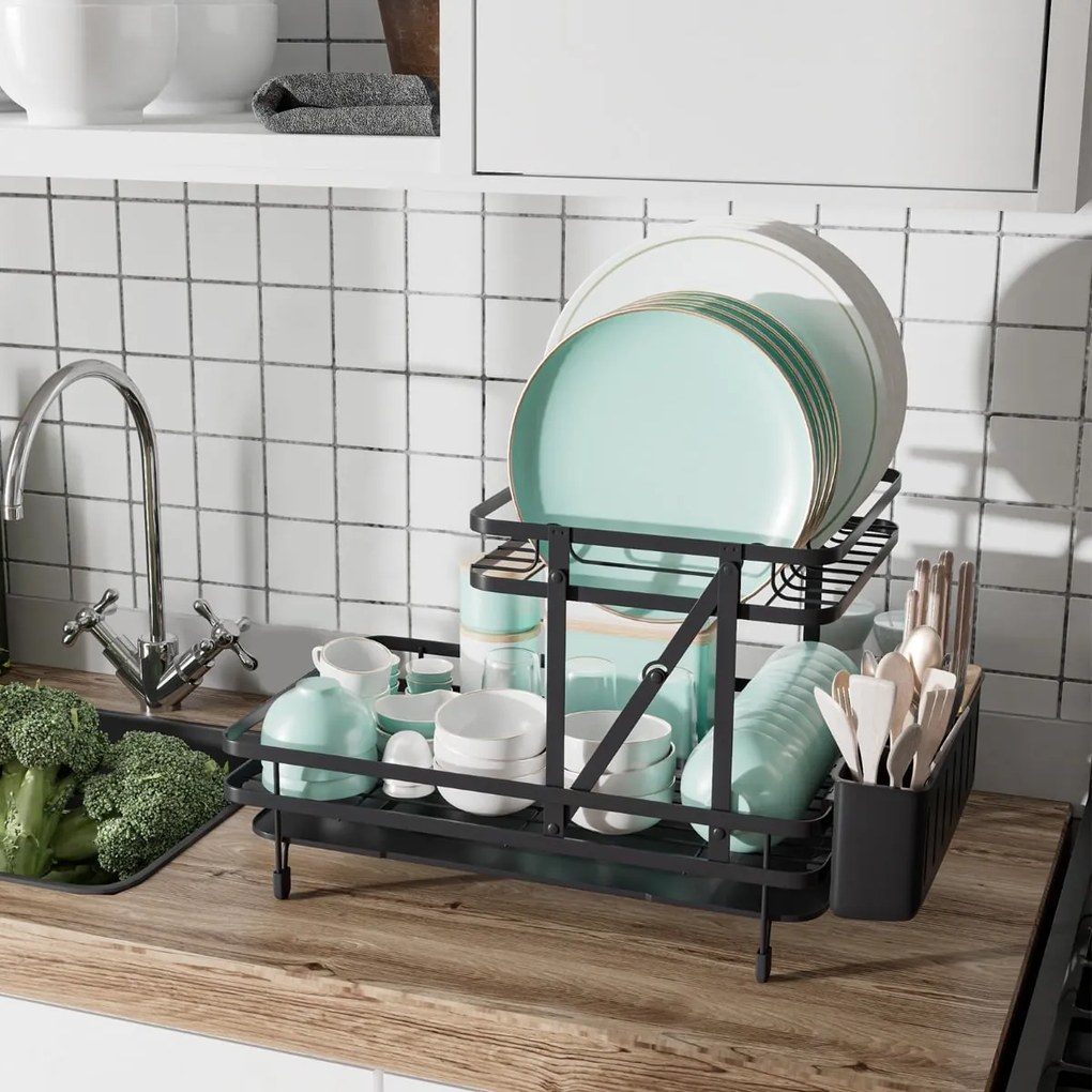 Costway Dish Drainer 2-vrstvý skládací kovový stojan na nádobí, černý