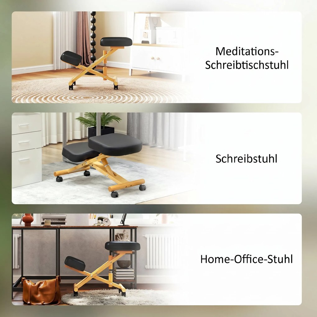 HOMCOM Ergonomická Výškově Nastavitelná Kolenní Židle, Ergonomická Židle do Kanceláře a Domova, Dřevěný Kolenní Stolek na Kolečkách, Černá