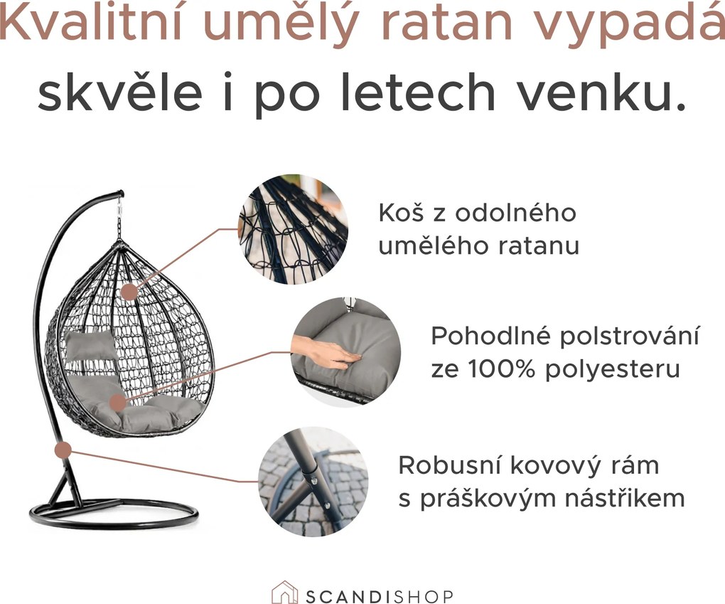 Šedé závěsné křeslo KOKON bez stojanu, bílo-šedý polštář