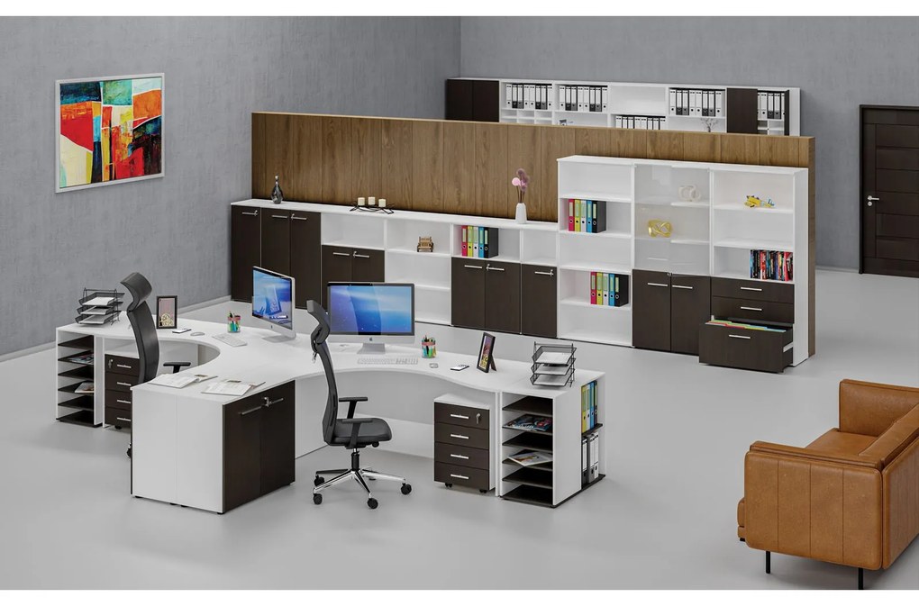 Kombinovaná kancelářská skříň se zásuvnými dveřmi PRIMO WHITE, 1087 x 800 x 420 mm, bílá/wenge
