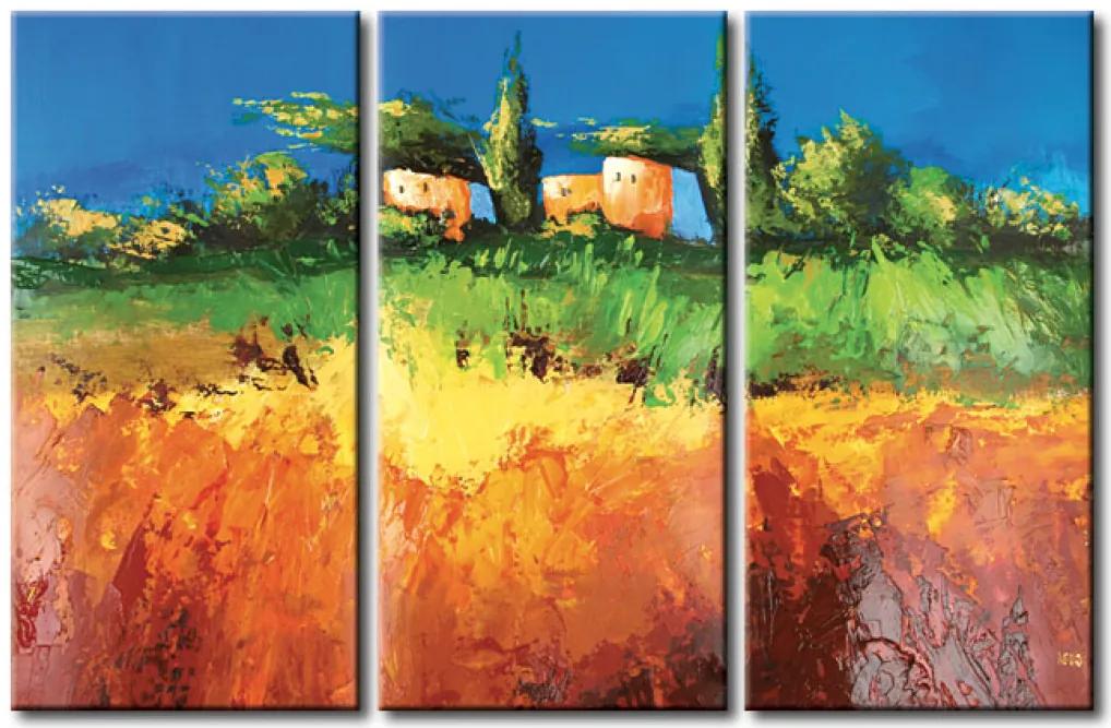 Obraz Tvary Toskánska (3dílný) - barevná krajina s domy na kopci