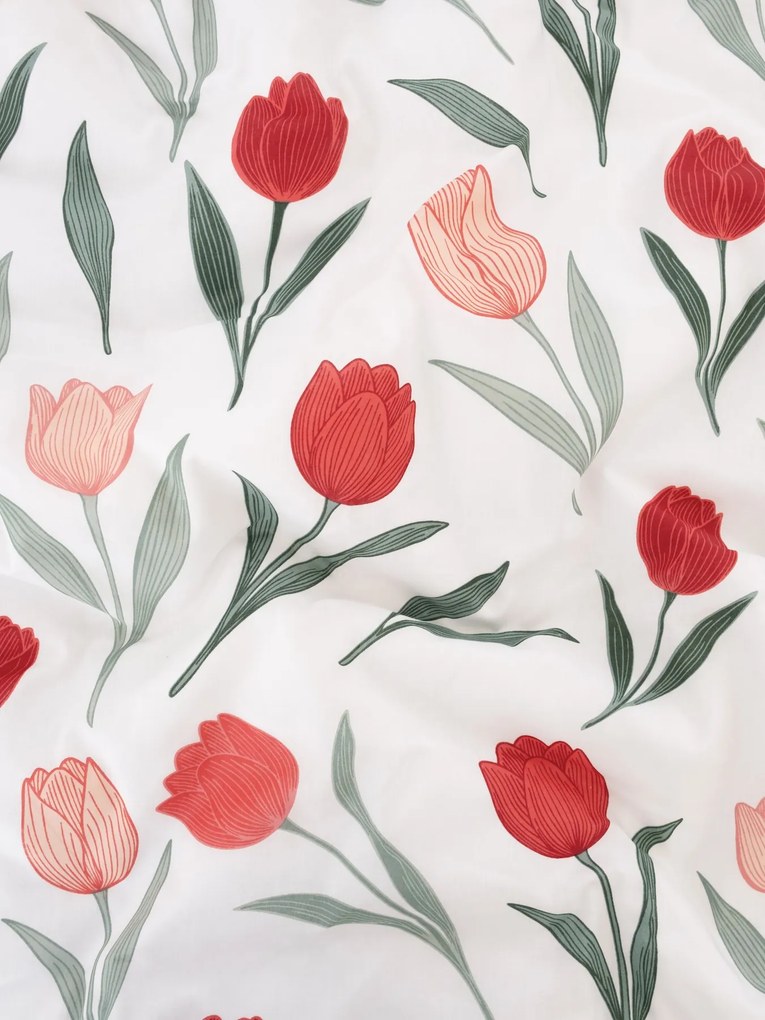 MK Lůžkoviny Prodloužené bavlněné povlečení Renforcé - Květy tulipánů červené 140 × 220 cm, 70 x 90 cm