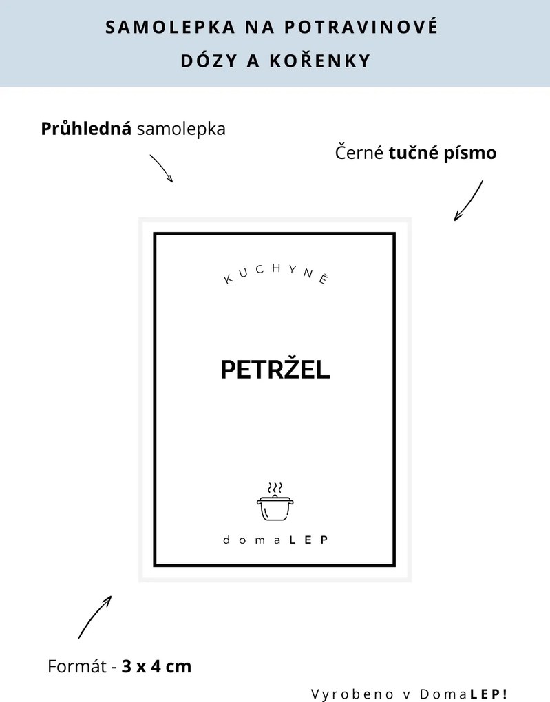 Samolepka na kořenky PETRŽEL průhledná 3 × 4 cm tučné písmo