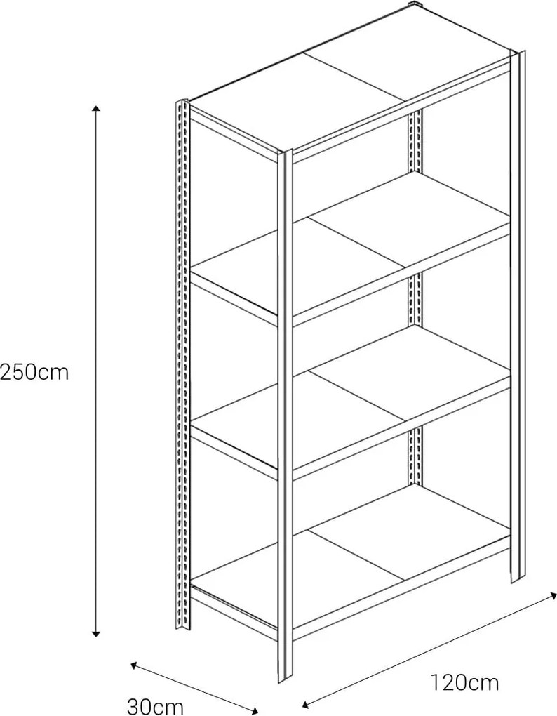 Bezšroubové kovové regál 250x120x30cm T profil, 4 police